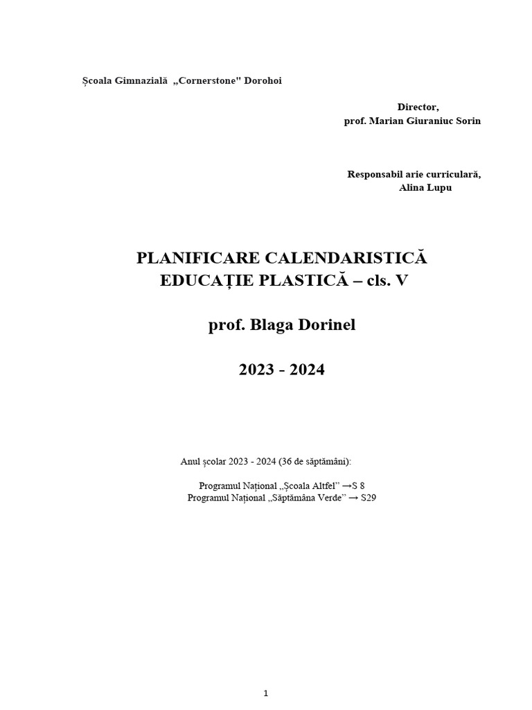 Planificare Ed - Plastica cls.5 | PDF