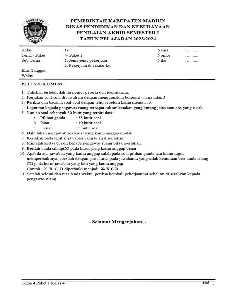 Soal Tema 4 Paket 1 Kelas 4 | PDF