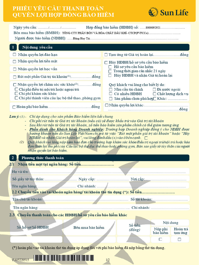 2023 - SLV - PYC Thanh Toan Quyen Loi HDBH | PDF