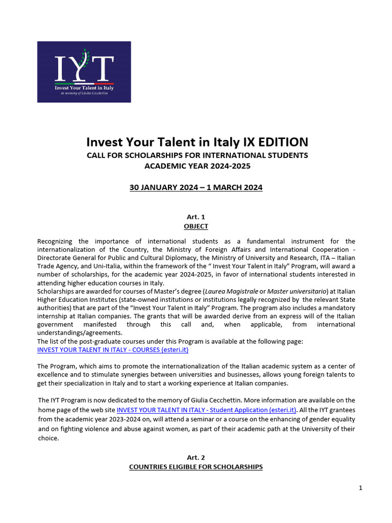 IYT Scholarships for 2024-2025 in Italy | PDF | Finance & Money ...