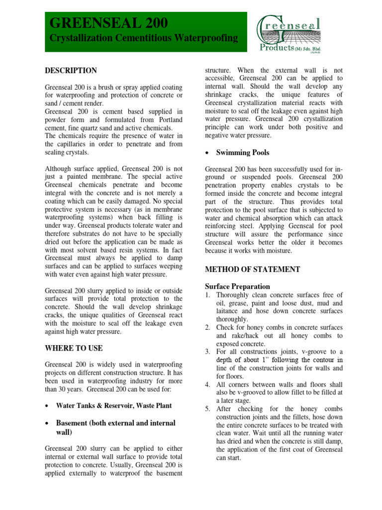 Greenseal 200 | PDF | Concrete | Coating