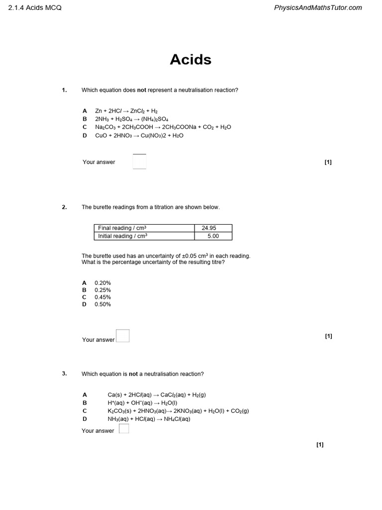 Neutralization Reaction MCQ Analysis | PDF