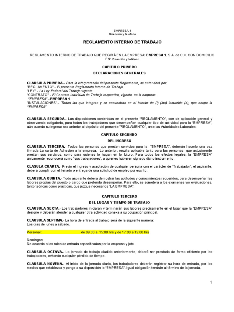 REGLAMENTO INTERNO EJEMPLO 1 | Derecho laboral | Regulación