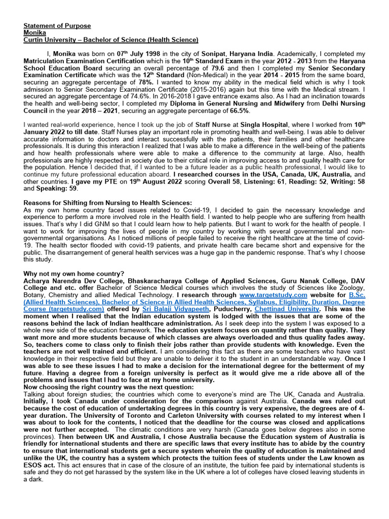 Monika Statement of Purpose For Curtin Uni | PDF | Nursing | Science