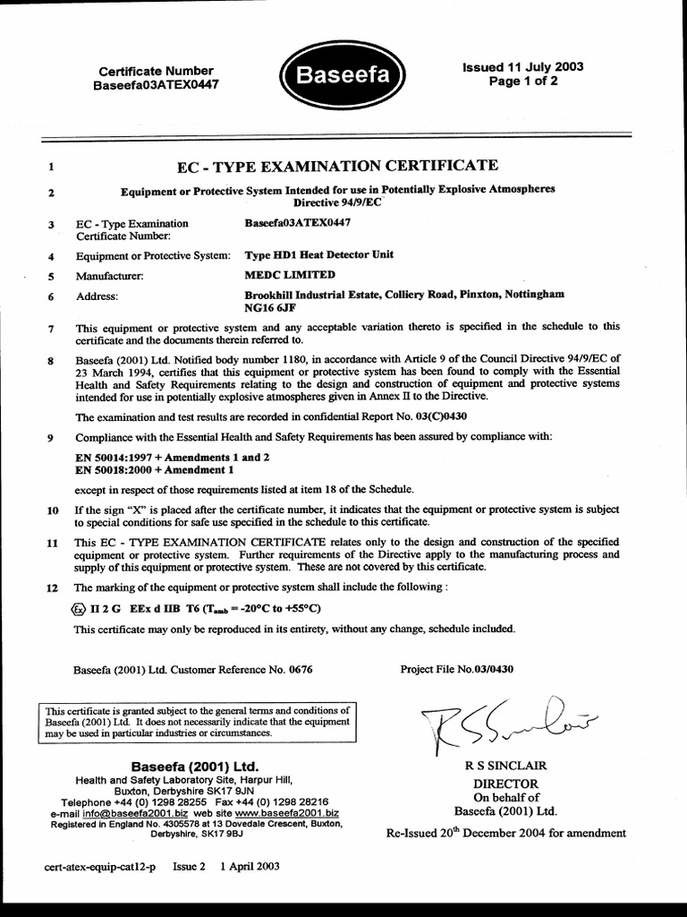 ATEX Baseefa03ATEX0447 10 HD1 Heat Detector | PDF