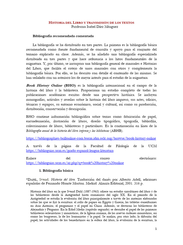 BIBLIOGRAFÍA COMENTADA Historia Del Libro y Transmisión de Los Textos. Curso 2022-2023 | PDF ...