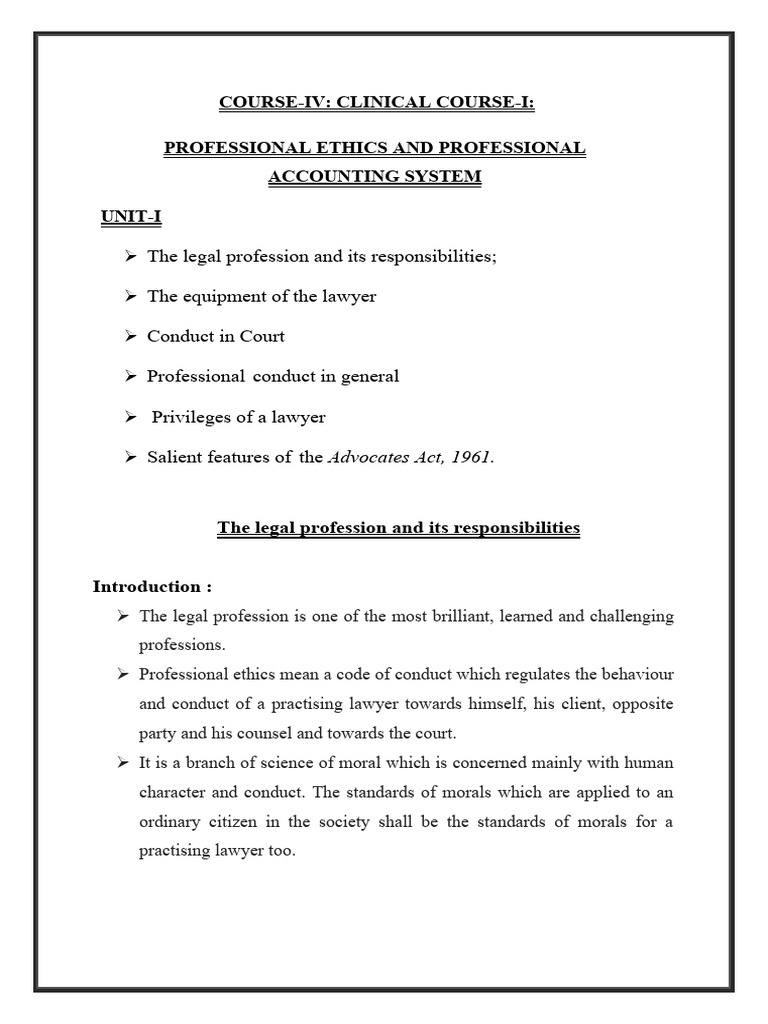 Professional Ethics - UNIT I Notes | PDF | Advocate | Lawyer