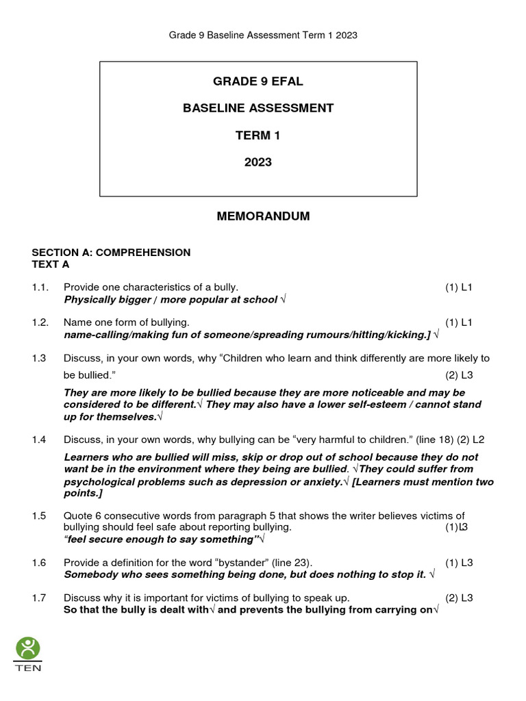 Aasa Ten Grade 9 Baseline Assessment 2023 Memo | PDF