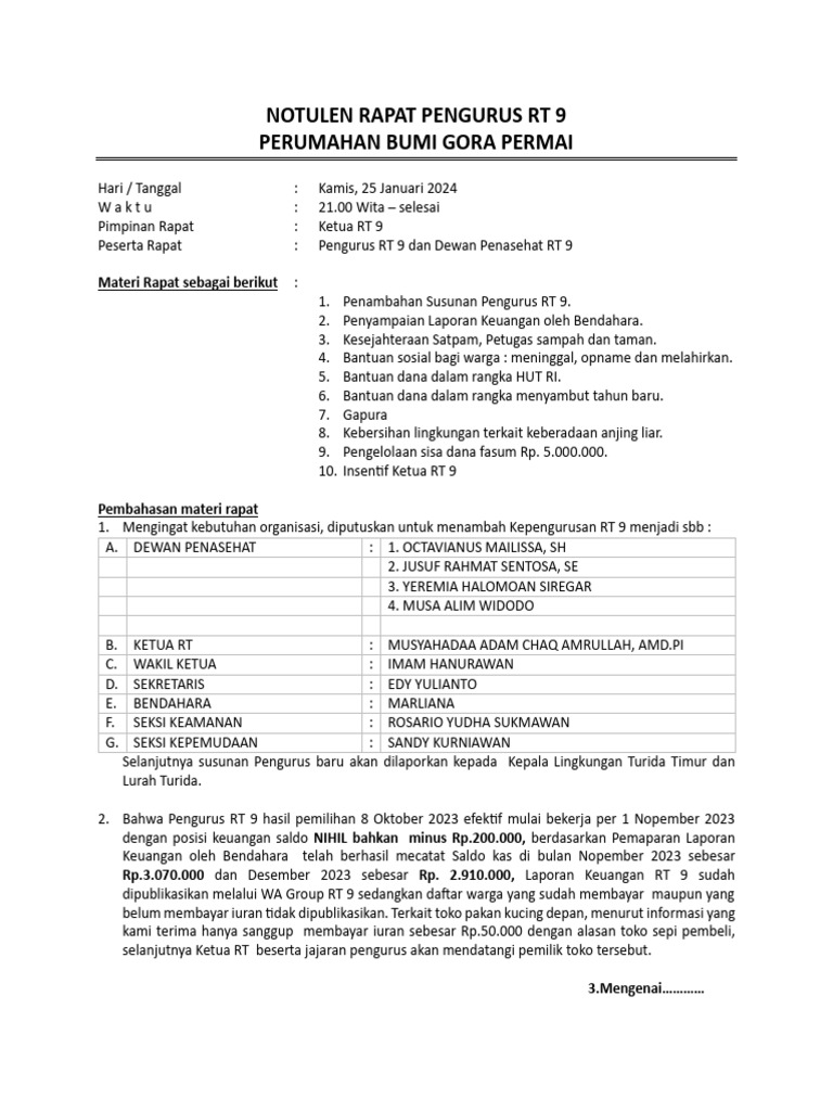Notulen Rapat Pengurus RT 9 | PDF