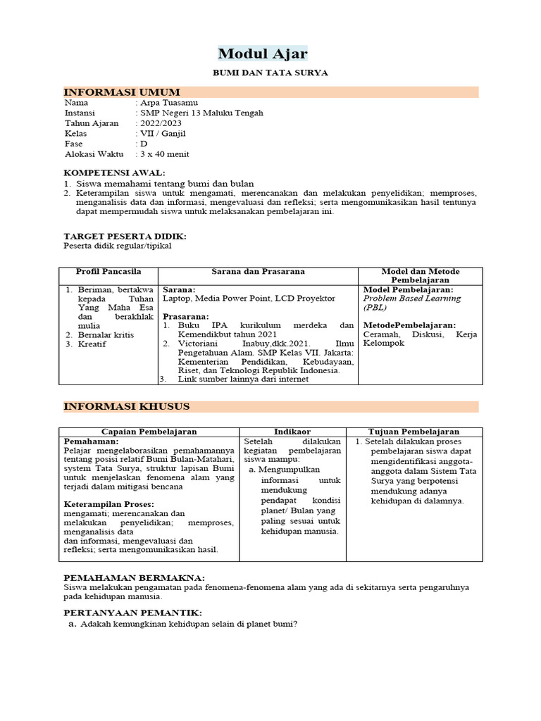 Modul Ajar Bumi Dan Tata Surya Pdf