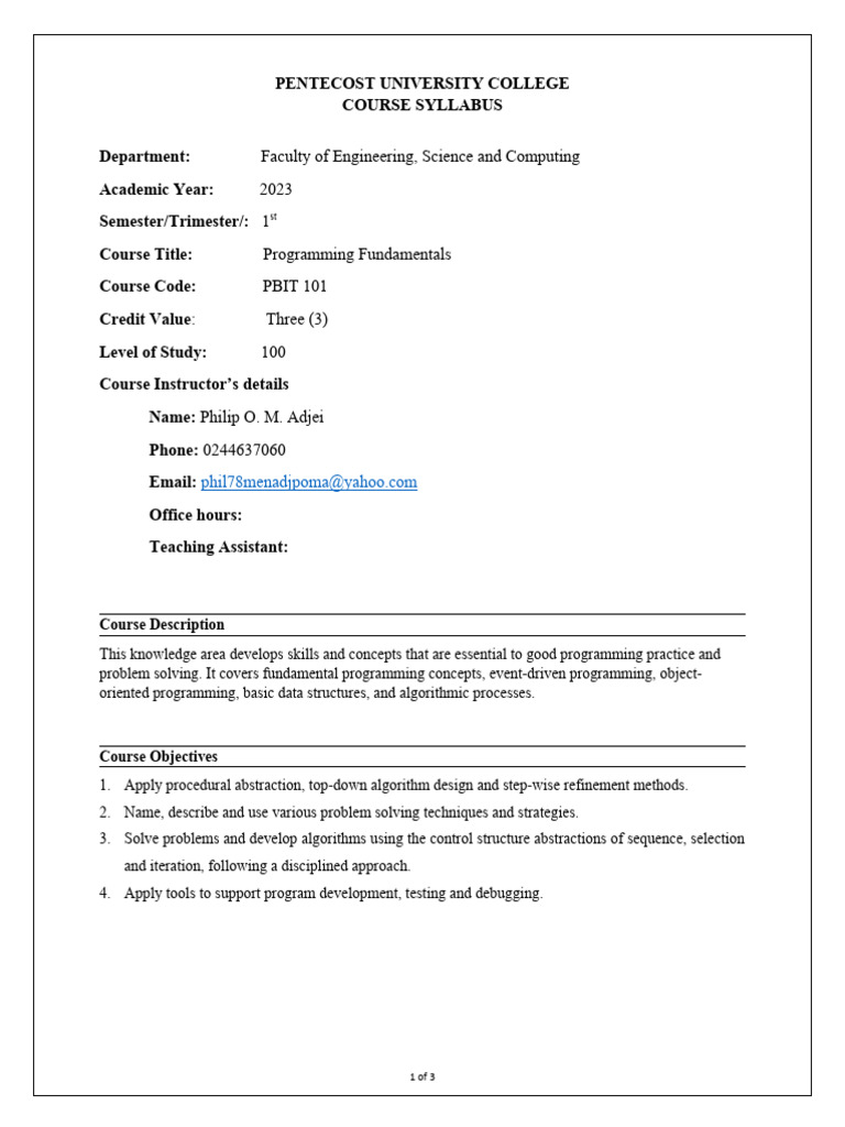 Programming Fundamentals Course Outline - 2022-2023 | PDF | Computer Programming | Method ...