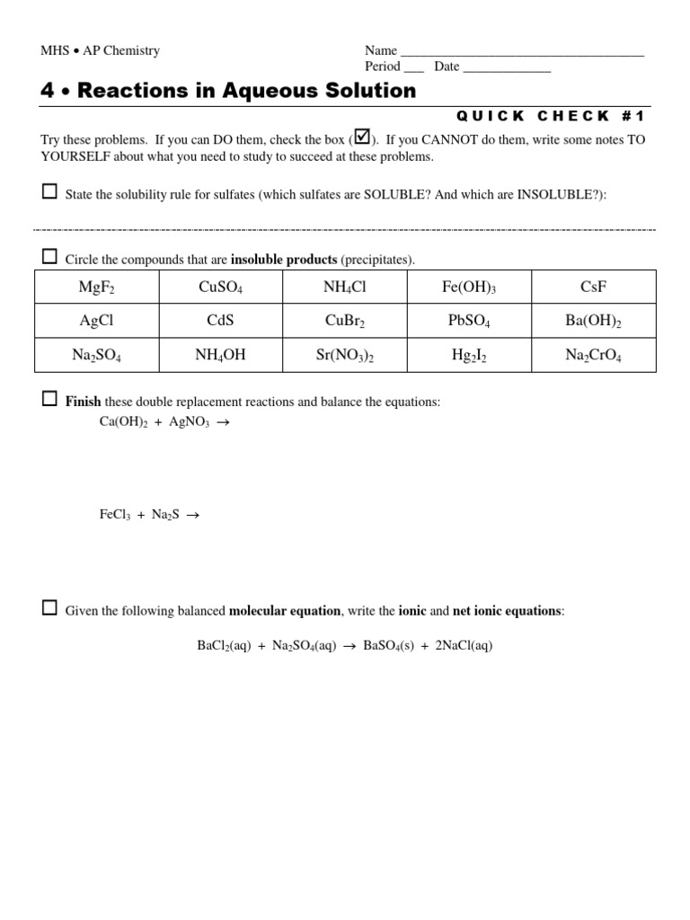 Chapter 4 - Quick Check (Reactions in Aqueous Solution) | PDF