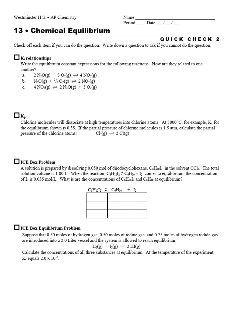 Chapter 13 Quick Check 2 Chemical Equilibrium | PDF