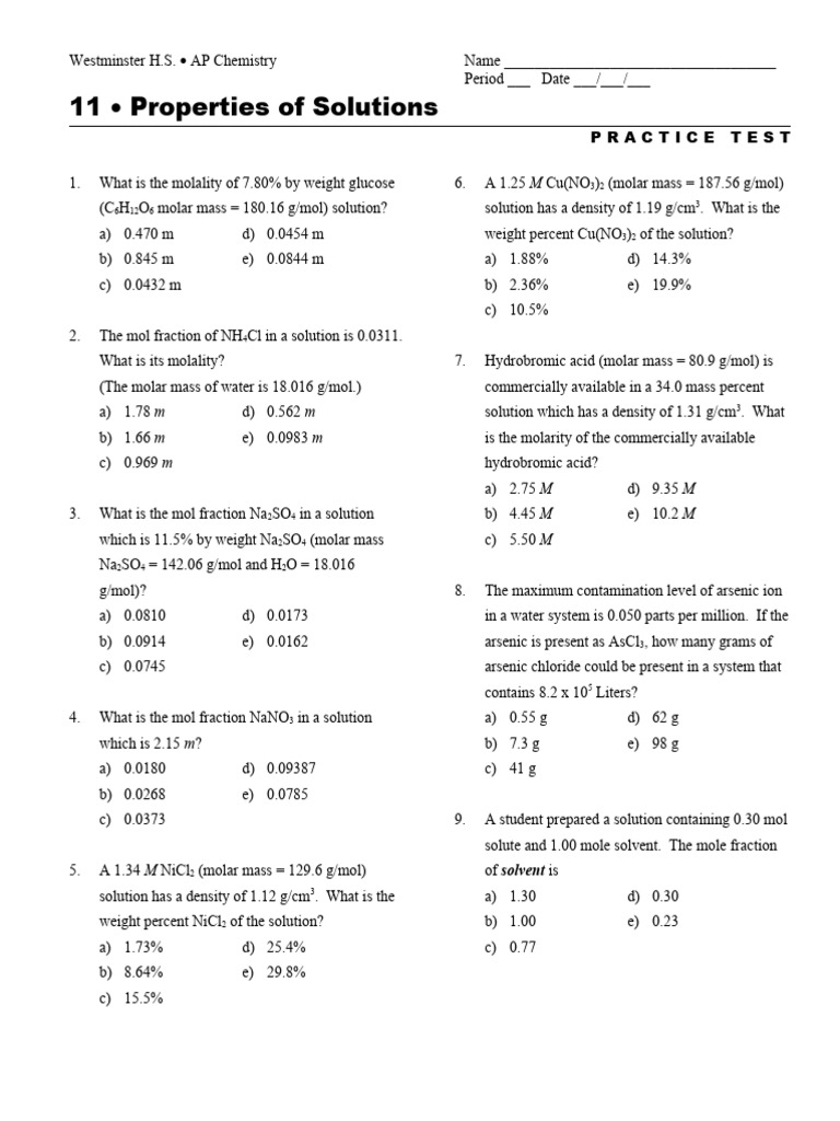 Practice Test (Properties of Solutions) | PDF | Physical Chemistry ...