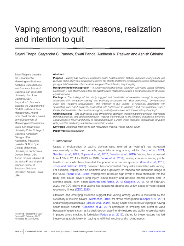 Vaping Among Youth: Reasons, Realization and Intention To Quit ...