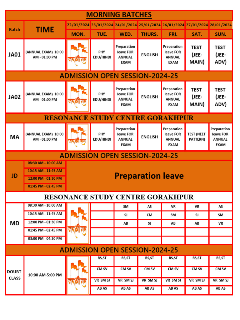 ACADEMY TIME TABLE SESSION 2023-2024 NEW - 22 To 28-1 | PDF