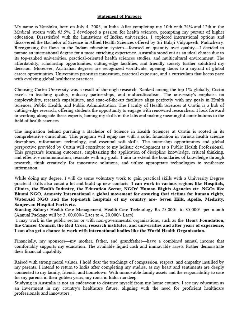 VANSHIKA Statement of Purpose Curtin Uni | PDF | Non Governmental Organization | Science