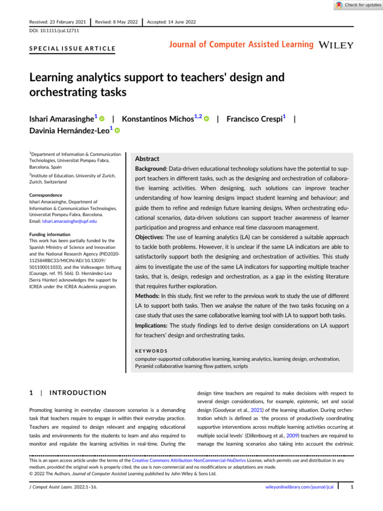 Computer Assisted Learning - 2022 - Amarasinghe - Learning Analytics Support To Teachers Design ...