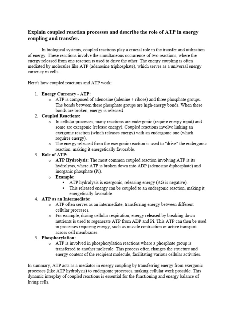 Role Of Atp In Energy Coupling And Transfer Pdf Adenosine