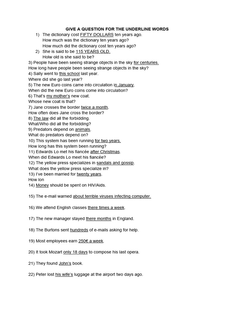 Give A Question For The Underline Words | PDF