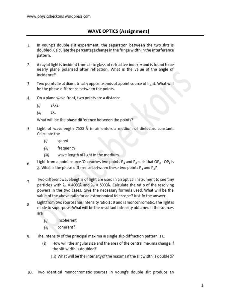 Wave Optics Assignment | PDF