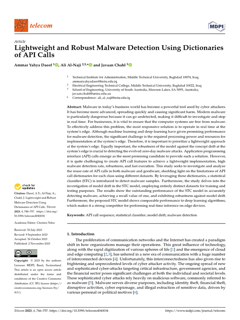 Lightweight And Robust Malware Detection Using Dictionaries Of Api Calls Pdf Malware Deep