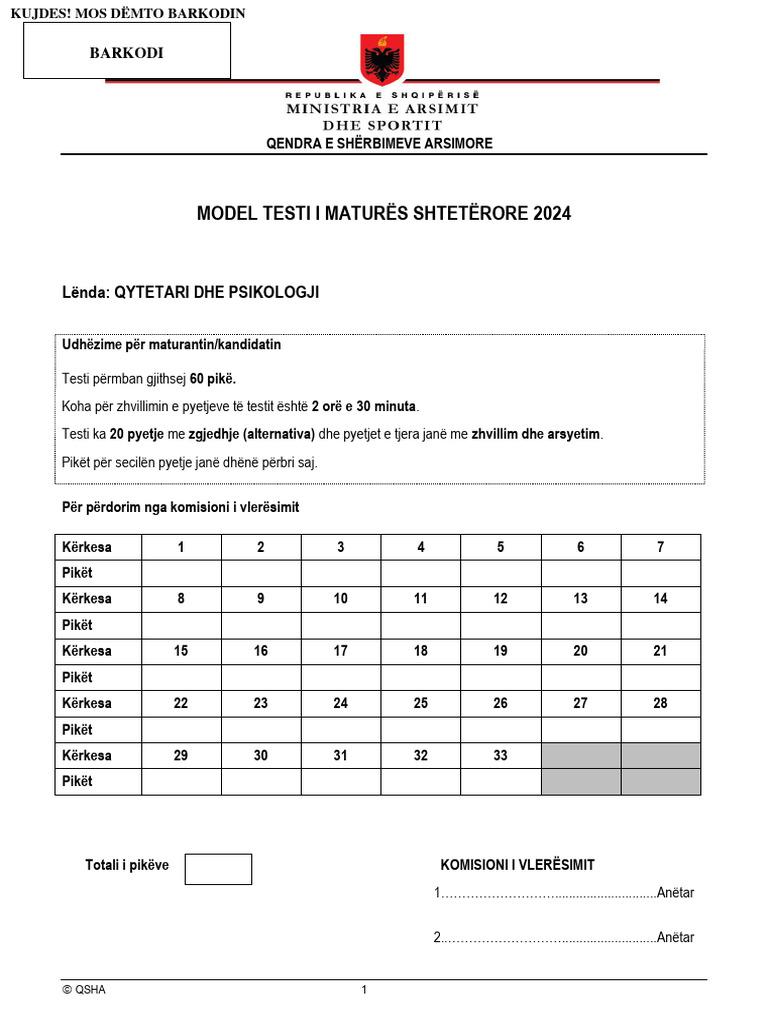 Qytetari Dhe Psikologji - Model Testi - MSH 2024 | PDF