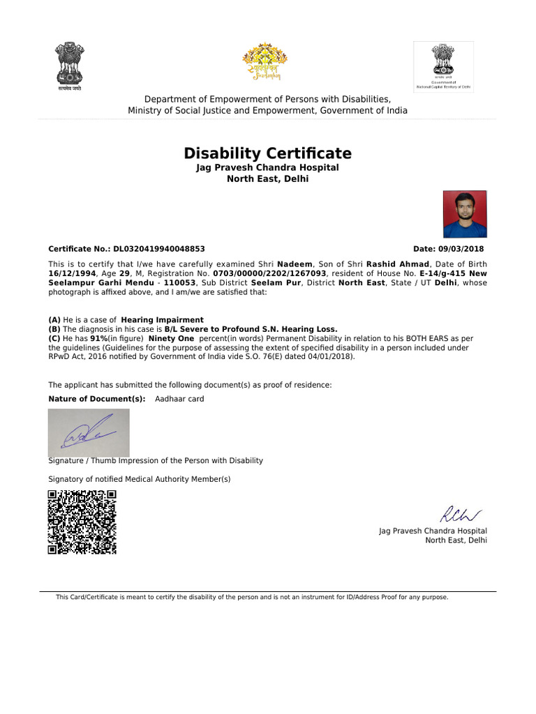 Disability Certificate from Jag Pravesh Chandra | PDF