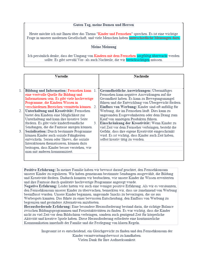 Sprechen Meinung Nachteil Und Vorteil | PDF