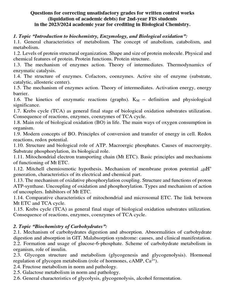 Biochemistry - Questions For Correcting Un Satisfactory Grades For Written Control Works (2023 ...