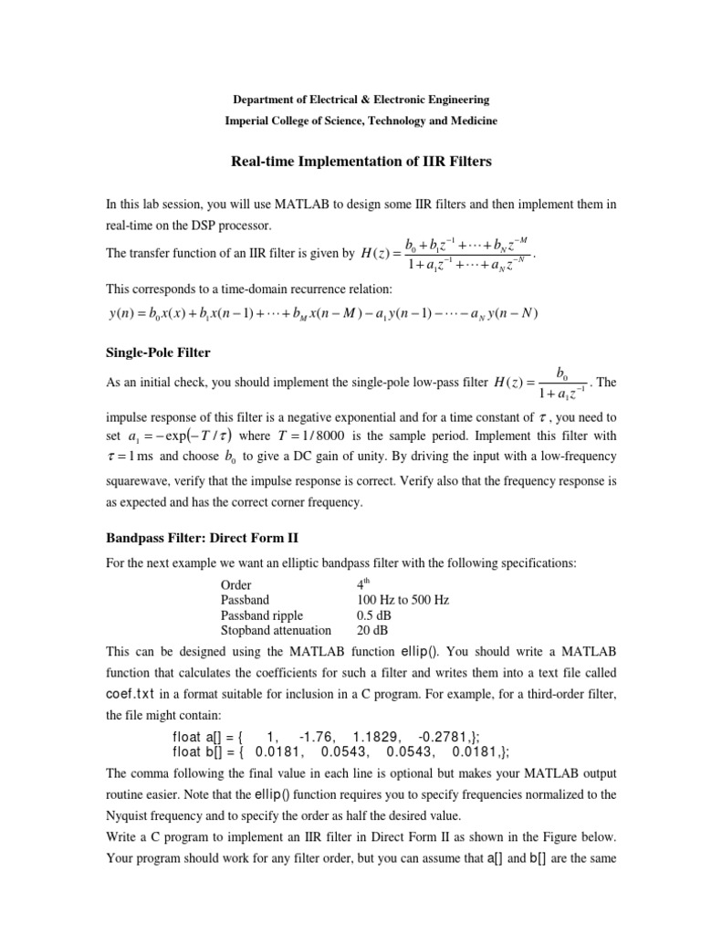 Real-Time Implementation of IIR Filters | PDF | Filter (Signal Processing) | Low Pass Filter