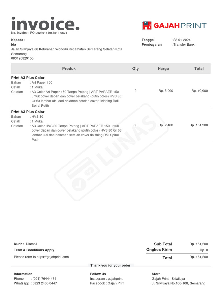 Invoice Pembayaran Gajah Print Semarang | PDF