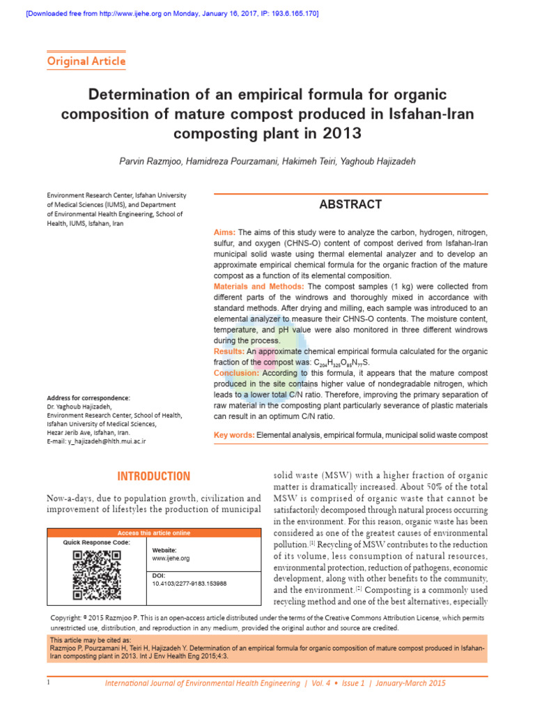 Empirical Formula For Organic Composition of Mature Compost | PDF | Compost | Soil