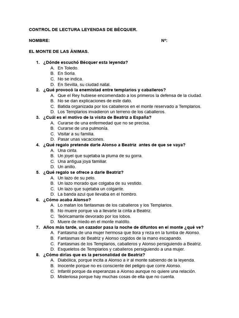Control Lectura Leyendas Bécquer | PDF