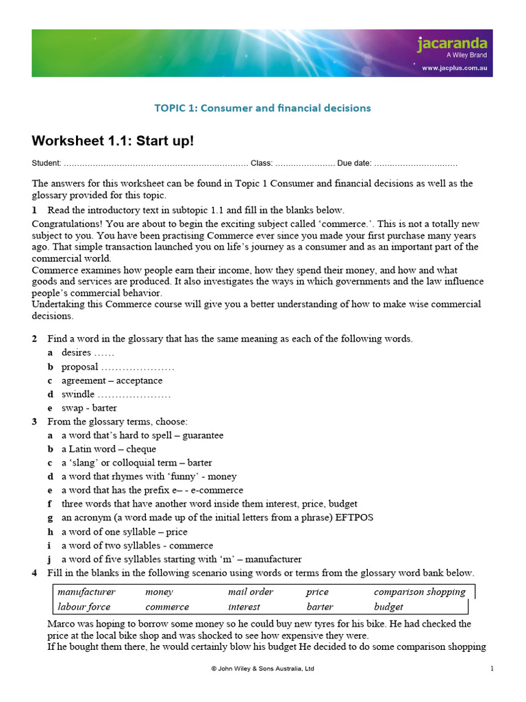 Start Up Activity Sheet Commerce | PDF