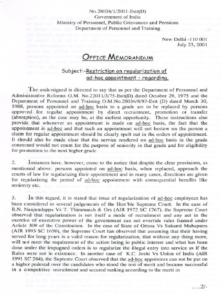 Revised Dopt Order On Adhoc Appointments 2001 | PDF
