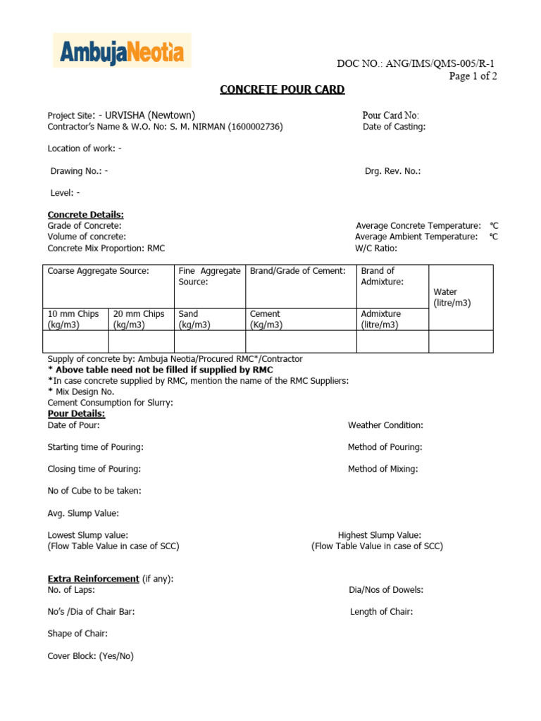 Front Page of Concrete Pour Card - 110332 | Download Free PDF | Concrete | Building Technology