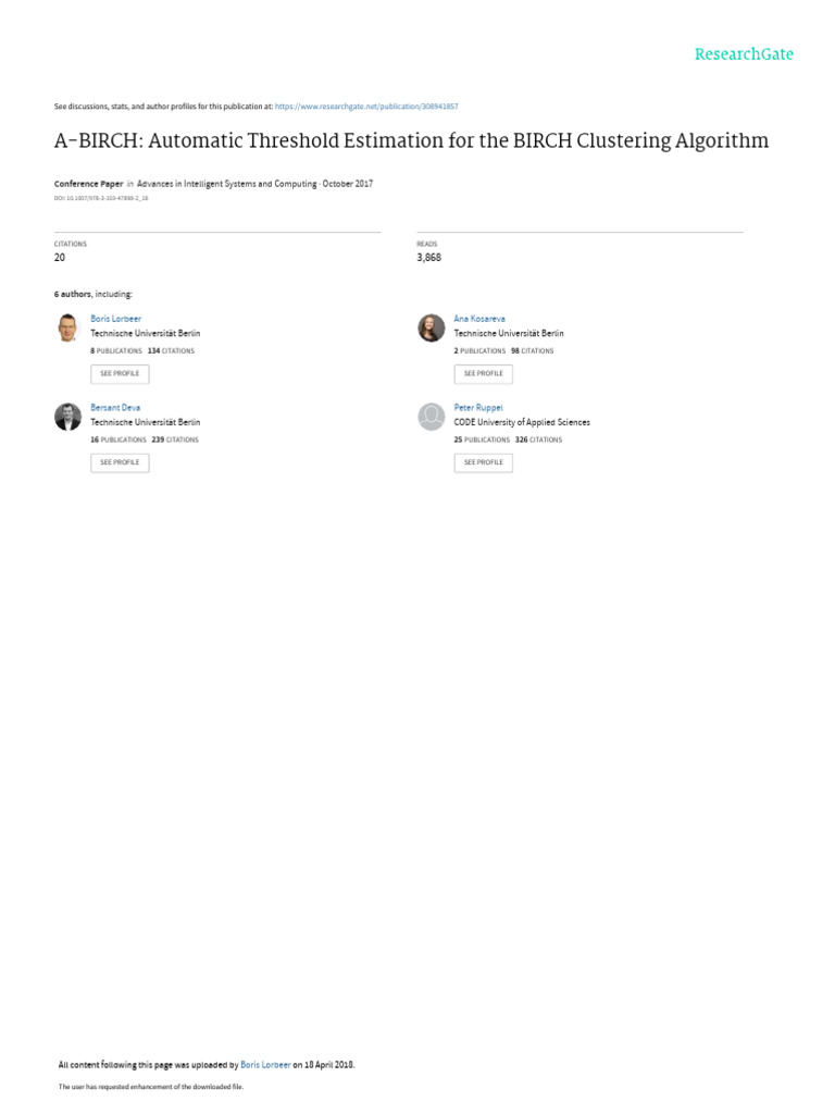 ABIRCH-Automatic Threshold Estimation For The BIRCH Clustering Algorithm | PDF | Cluster ...