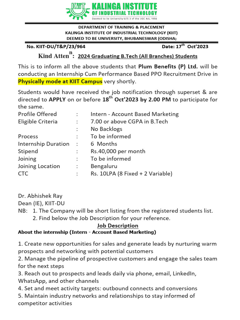 KIIT B.Tech Internship Recruitment Drive | PDF | Internship | Job Hunting