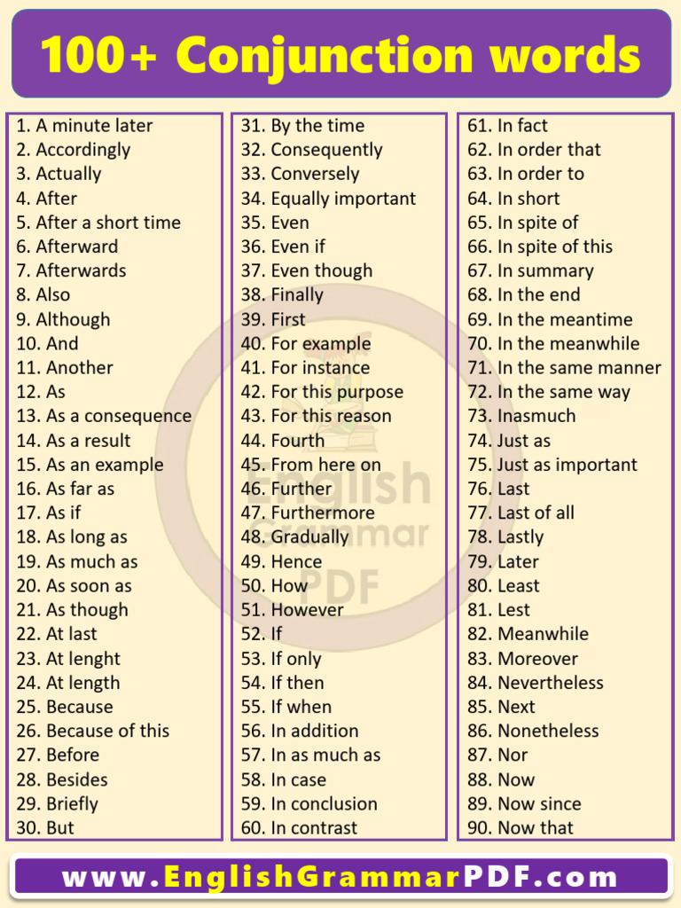 100 Conjunction Words List in English PDF | PDF