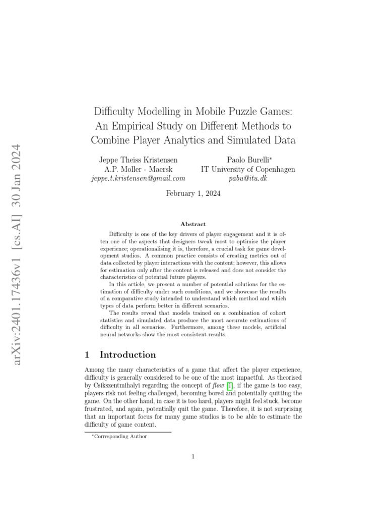 Difficulty Modelling in Mobile Puzzle Games: An Empirical Study On Different Methods To Combine ...