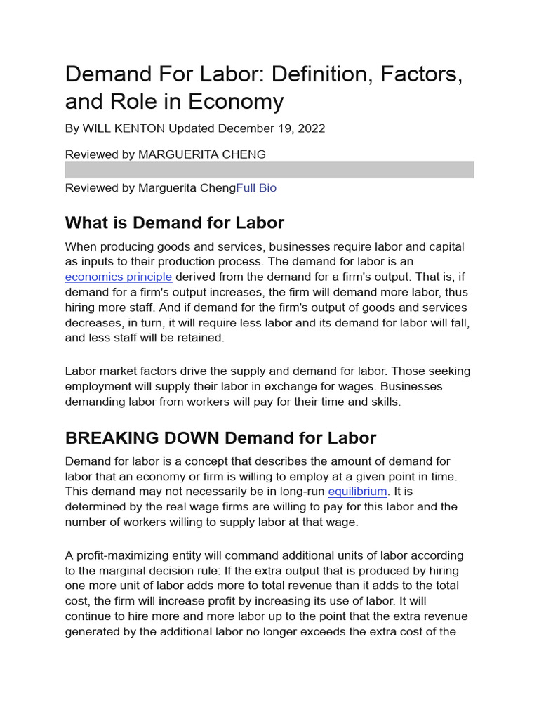 Demand For Labor - Definition, Factors, and Role in Economy | PDF ...