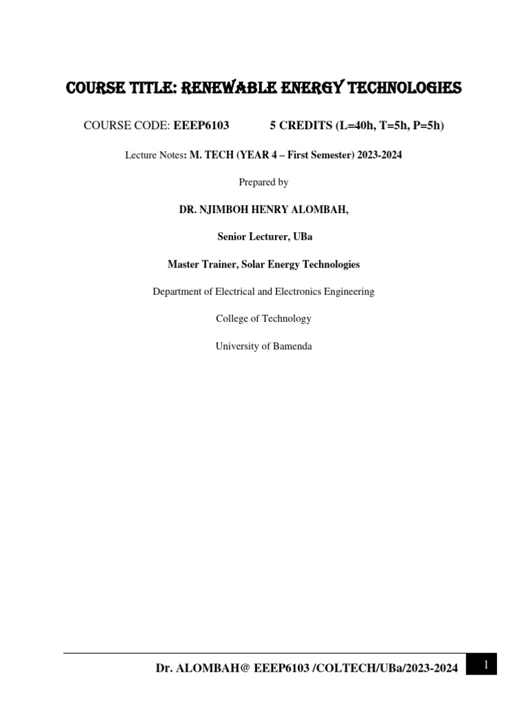 Renewable Energy Technologies Course Overview | PDF