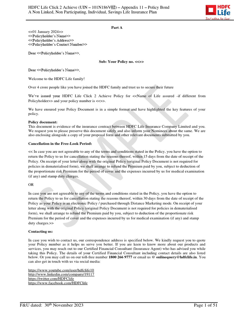 HDFC Life Click Achieve Policy Bond | PDF