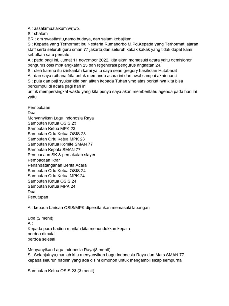 Teks MC Demisioner Osis - MPK Angkatan 23 Dan Regenerasi Osis-Mpk Angkatan 24 | PDF | Griya ...