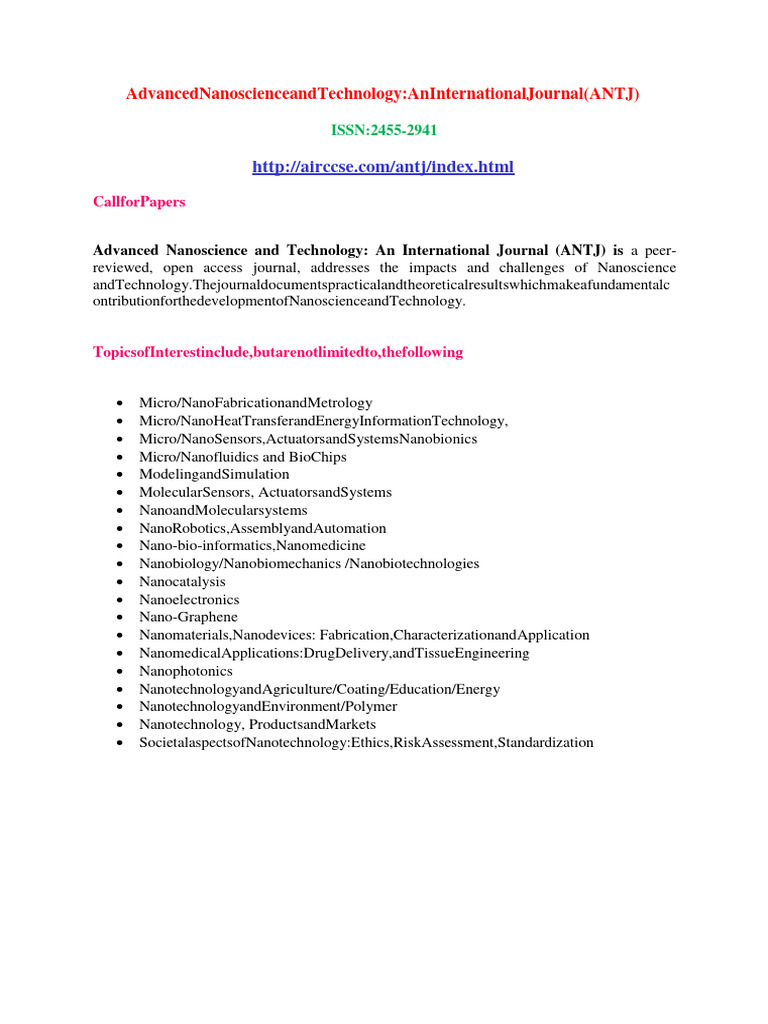 Advanced Nanoscience and Technology: An International Journal (ANTJ ...