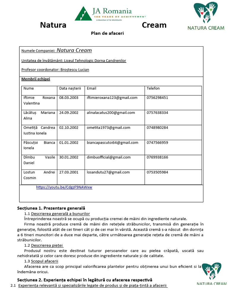 Natura Cream - Plan de Afaceri Final | PDF