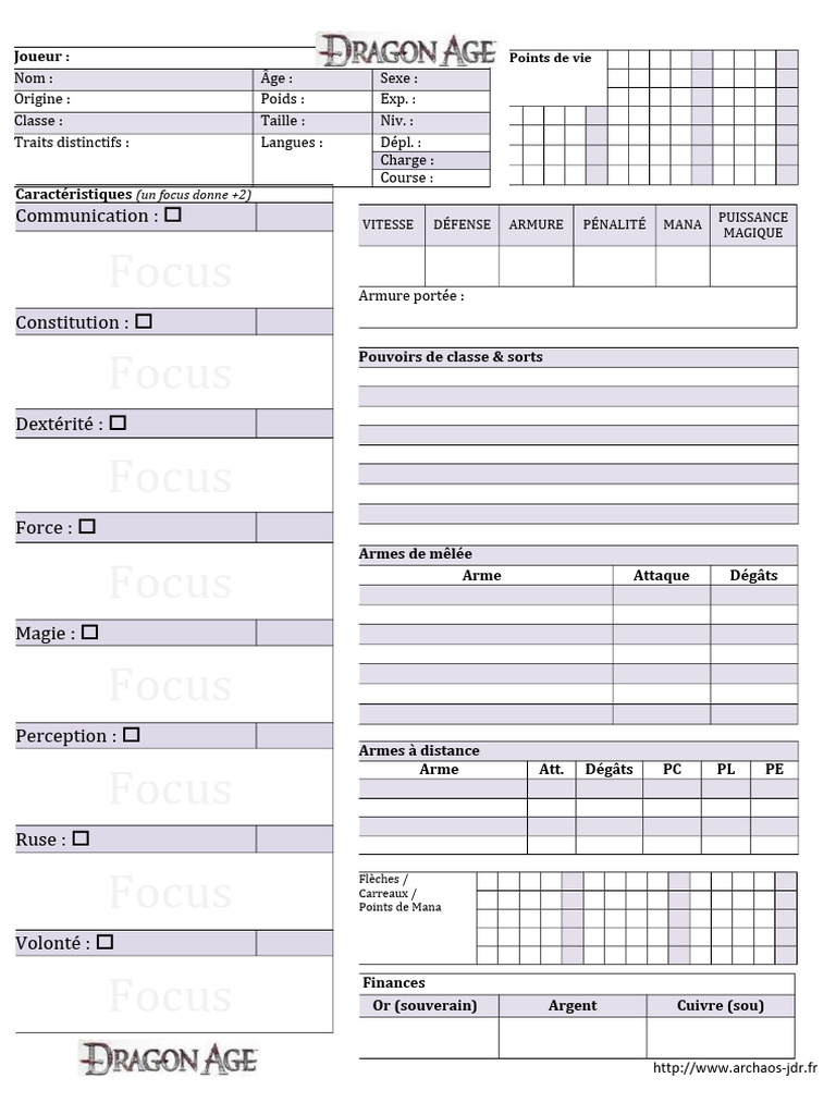 Dragon Age Feuille Personnage 2 Pages | PDF