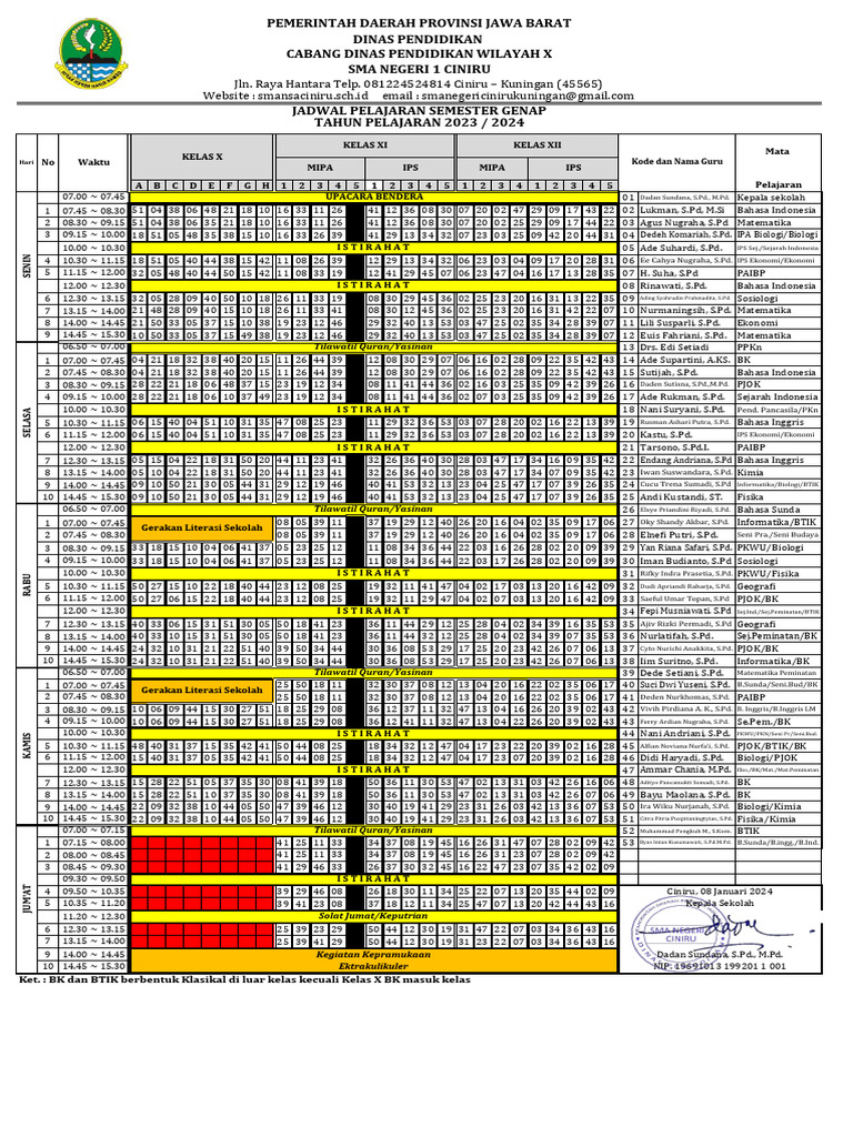 Jadwal Pelajaran Semester Genap 2023 - 2024 Bismilah Beres Gls Jam Pertama | PDF