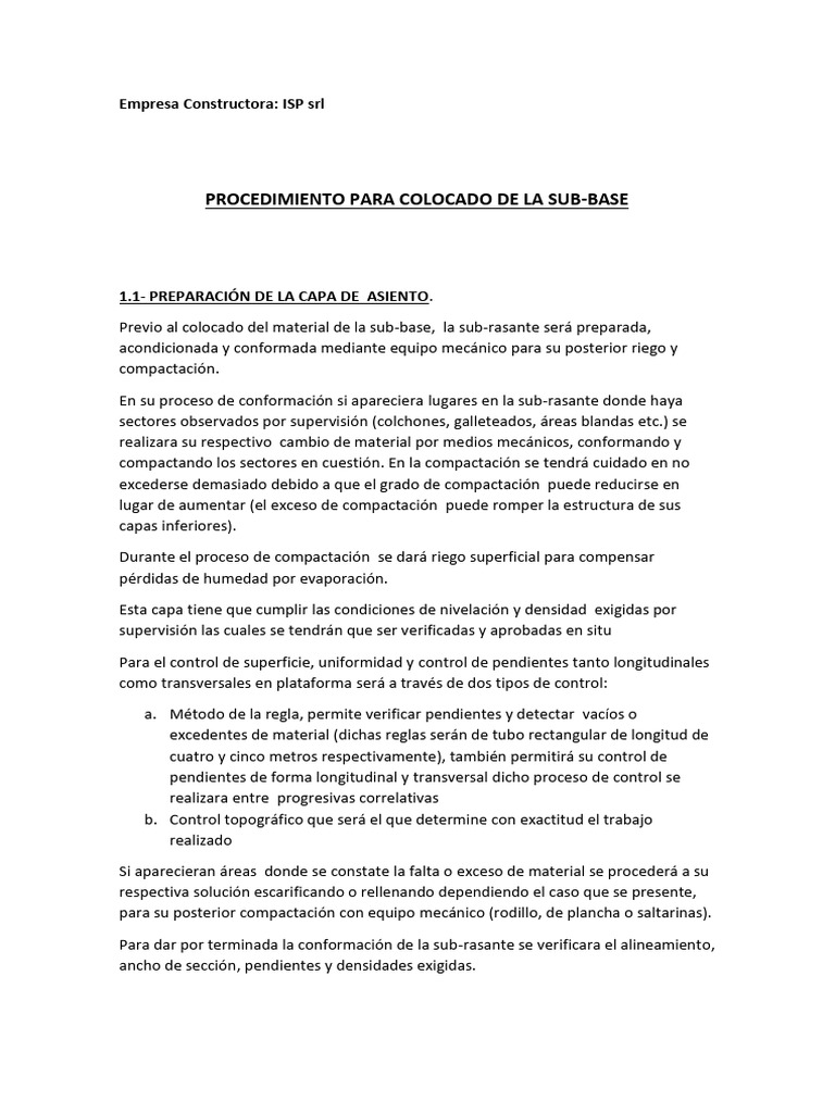 Procedimiento Conformacion Subbase | PDF